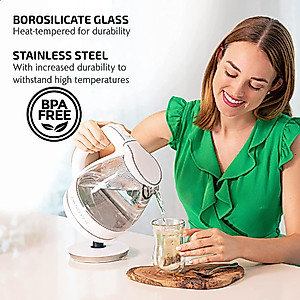 OVENTE Glass Electric Kettle Hot Water Boiler 1.5 Liter Borosilicate Glass Fast Boiling Countertop Heater - BPA Free Auto Shut Off Instant Water Heater Kettle for Coffee & Tea Maker - White KG83W
