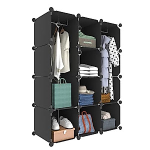 JKWAY DIY 12 Cube Storage Organizer with Doors, Portable Closet Wardrobe 14 in x18 Depth Cubes Clothes Organizer, Cabinet Book Shelf for Bedroom, , Office, Dorm Room (Black/White), (42 x56 )
