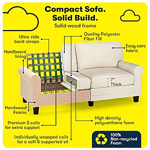 Serta Copenhagen 73" Rolled Arm Sofa, Easy Care Polyester, Soft Pillow Back, Pocket Coil Seat Cushions, Removable Covers, Loveseat or Couch for Small Spaces, Living Rooms or Bedrooms, Buttercream