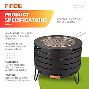FIROW Smokeless Fire Pit, 23 Inch Fire Pit for Outside with Removable Ash Pan, Outdoor Firepit Ideal for Camping,Bonfire and Backyard, Include Fire Poker, Firepit Cover and Grill Rack