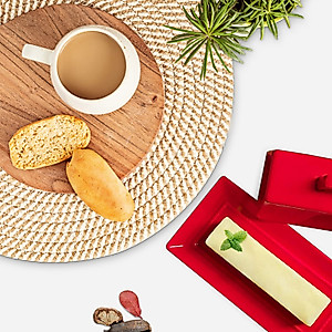 Eeaivnm Butter Dish with Lid, Butter Keeper Porcelain,7" Butter Dishes-Dishwasher Safe, Ceramic Butter Dish with Handle Design for Countertop (Red)