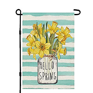 CROWNED BEAUTY Hello Spring Garden Flag Floral Mason Jar Stripes 12×18 Inch Double Sided Outside Vertical Holiday Yard Flag