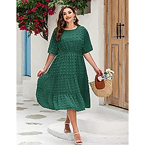IN'VOLAND Womens Chiffon Elegant Plus Size Dresses Swiss Dot Babydoll Short Sleeve Party Midi Dress Dark Green