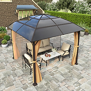 HERA'S HOUSE 10x10 Outdoor Hardtop Gazebo, Patio Canopy Flea Defence with Mosquito Netting&Curtains, Permanent Polycarbonate Tent Pergola for Lawn, Parties, Courtyard, Garden(Brown)