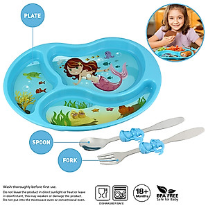 Kids Divided Plate with Utensils - Children's Meal Set with Plate, Fork and Spoon - Mermaid