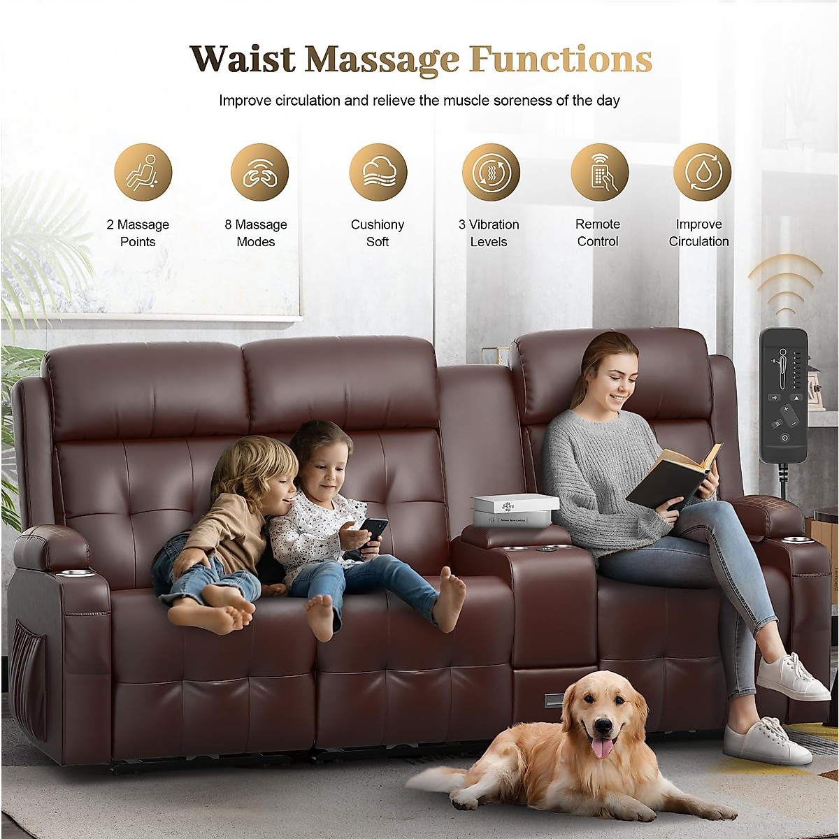 Recliner Sofa, 3 Seater Massage Reclining Loveseat Sofa Sets, 2 Single Power Recliner Chairs Heat & Massage, Heavy Weight Capacity, RV Clearance Love Seat Couch with Console, USB, Type C Port