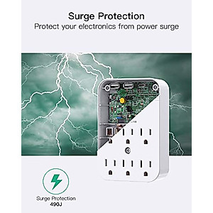 Outlet Extender - Wall Surge Protector with 6 Outlets 3 USB (1 USB C, 2 USB A), Multi Plug Outlet Splitter, Wall Mount Adapter with Top Phone Holder for Home, School, Office (490 Joules)