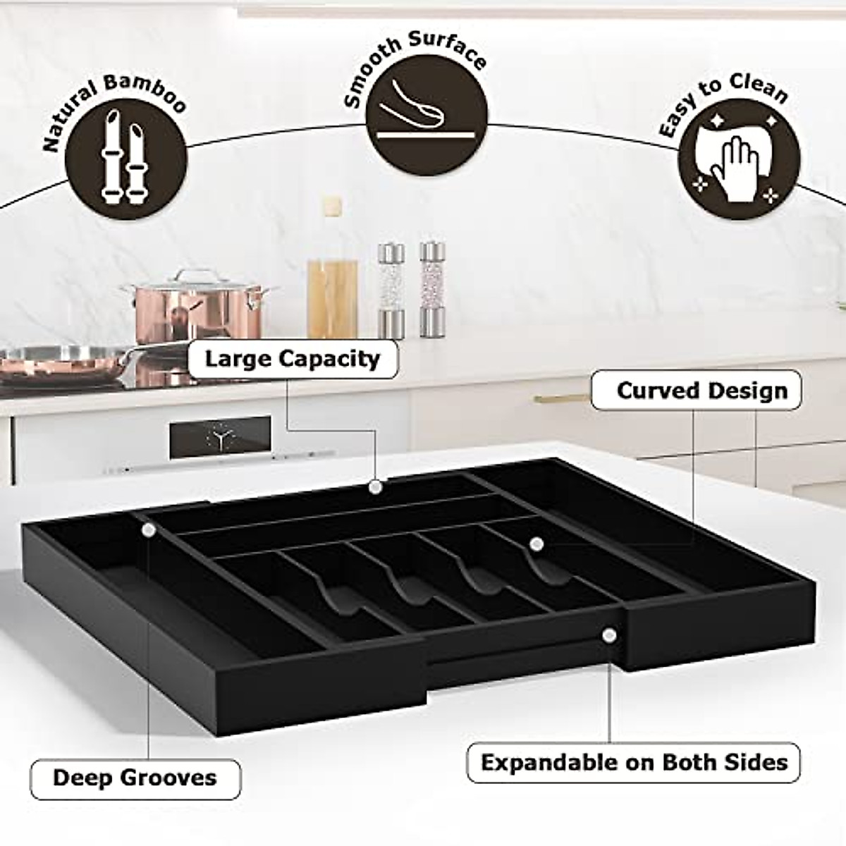 Utensil Organizer Silverware Drawer Organizer - Bamboo Expandable Cutlery Tray with Dividers for Utensil Holder Office Storage Makeup Desk Drawer Tool Organization W13.5"-19.5" x L17.5" x H2.5"(Black)