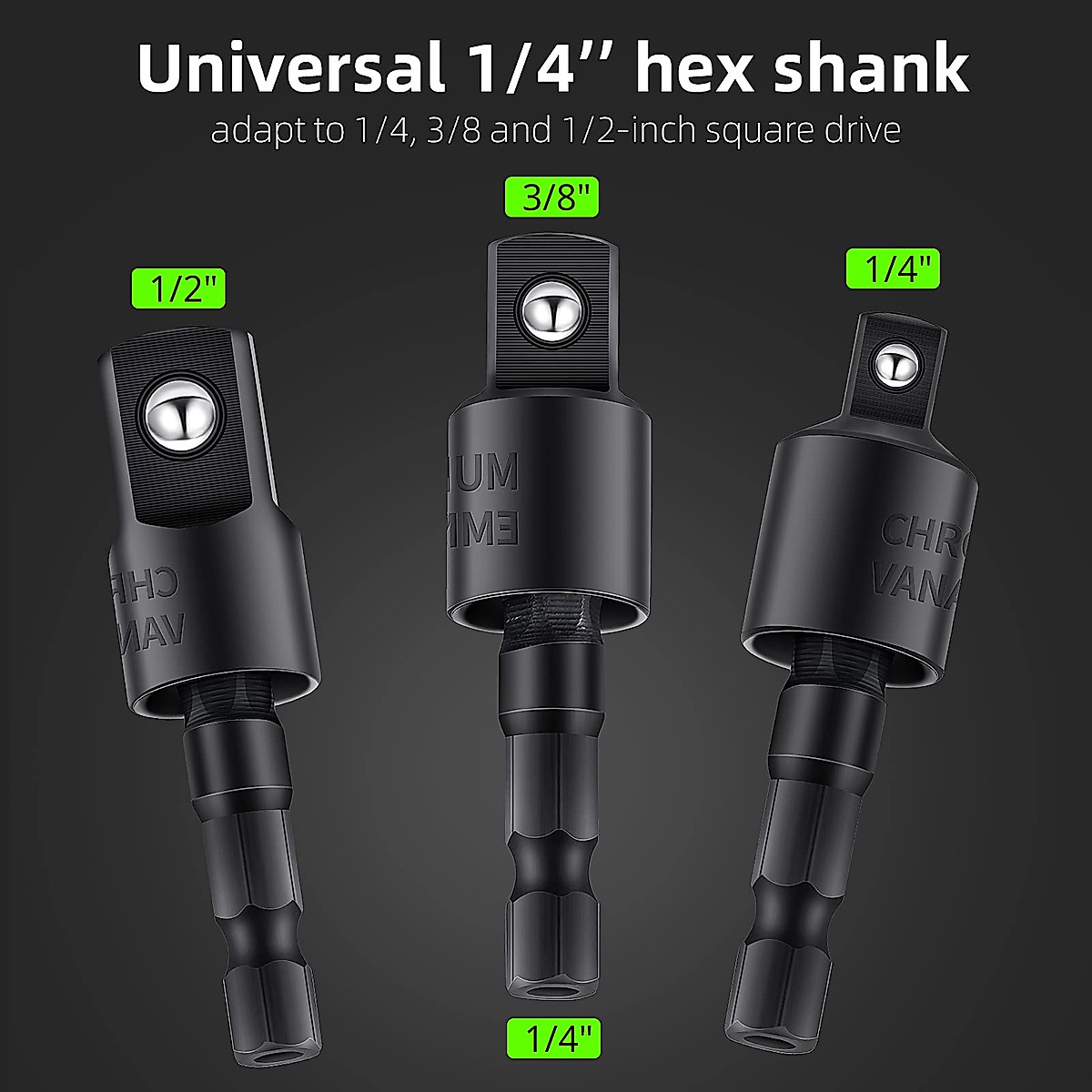 Honoson Power Drill Sockets Adapter Set Impact Driver Wobble Socket Adapter 360 Degree Rotatable Hex Shank Impact Driver Socket Adapter Drill Bits Adapter 1/4 Inch 3/8 Inch 1/2 Inch, Black (6)