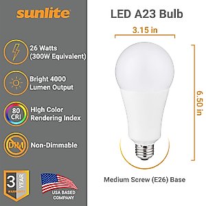 Sunlite 82109 LED A23 Light Bulb, 26 Watts (300w Equivalent), High Output, 4000 Lumens, Medium E26 Base, 120-227 Multi-Volt, Non-Dimmable, UL Listed, 4000K Cool White