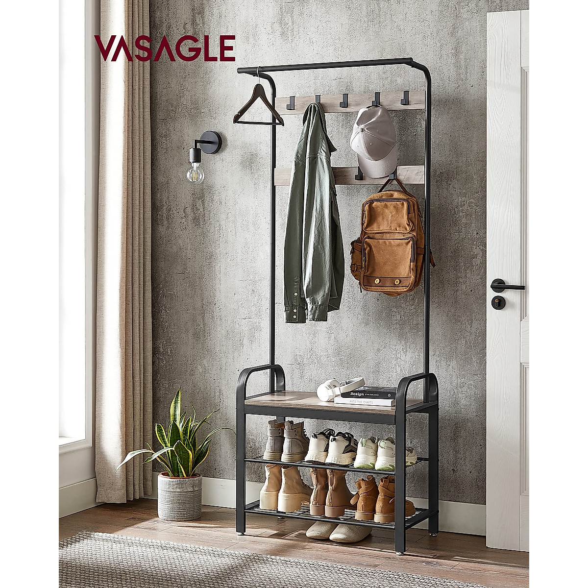 VASAGLE Coat Rack, Hall Tree with Shoe Bench for Entryway, Entryway Bench with Coat Rack, 4-in-1, with 9 Removable Hooks, a Hanging Rod, 13.3 x 28.3 x 72.1 Inches, Greige and Black UHSR40MB