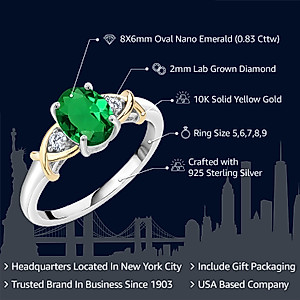 Gem Stone King 10K Yellow Gold and 925 Sterling Silver Green Nano Emerald and Lab Grown Diamond Engagement Ring For Women | 0.83 Cttw | Oval 8X6MM | Size 5-9