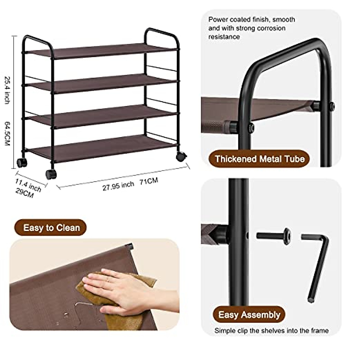 FANHAO 4-Tier Shoe Rack with Wheels, Rolling Shoe Organizer Adjustable Fabric Shoe Shelf Storage Organizer 16-20 Pair, Fits Boots, High Heels, Slippers and More (Bronze)