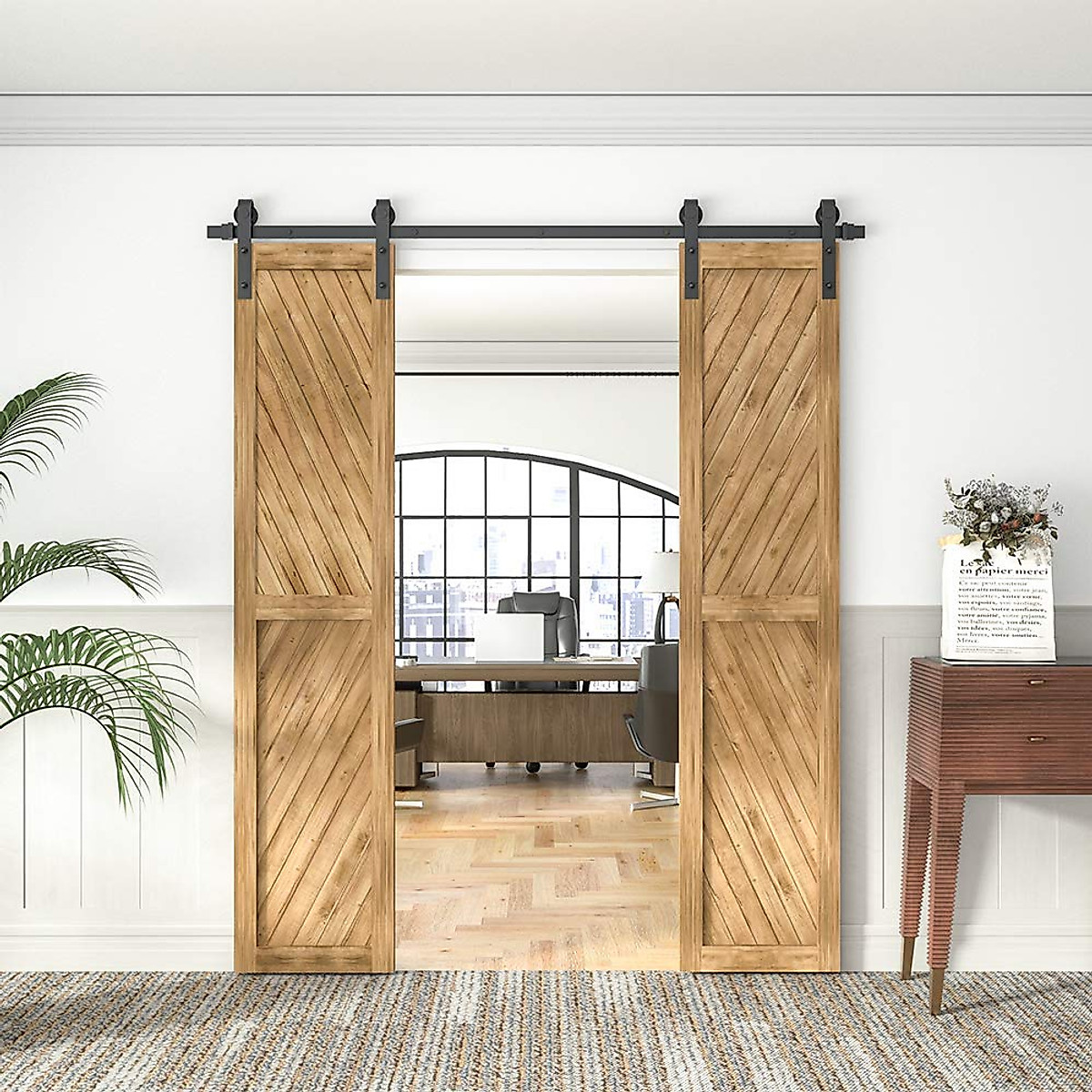 WINSOON 6FT Barn Door Hardware Kit: Double Sliding Door Hardware - Black Barn Door Track Kit - Carbon Steel Heavy Duty Door Rail - J-Shape Easy to Install for 36" Closet Panel(No Door)