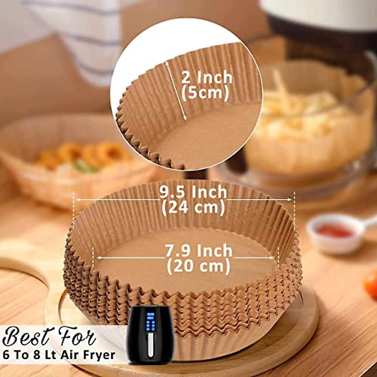 Raytrade 100 Pcs Air Fryer Liners with Wooden Tong, 7.9 Inch Disposable Air Fryer Paper Liners Silicon Coated Oil & Water-Proof Air Fryer Paper Liners, BPA Free Airfryer Liners for Safe & Healthy Food