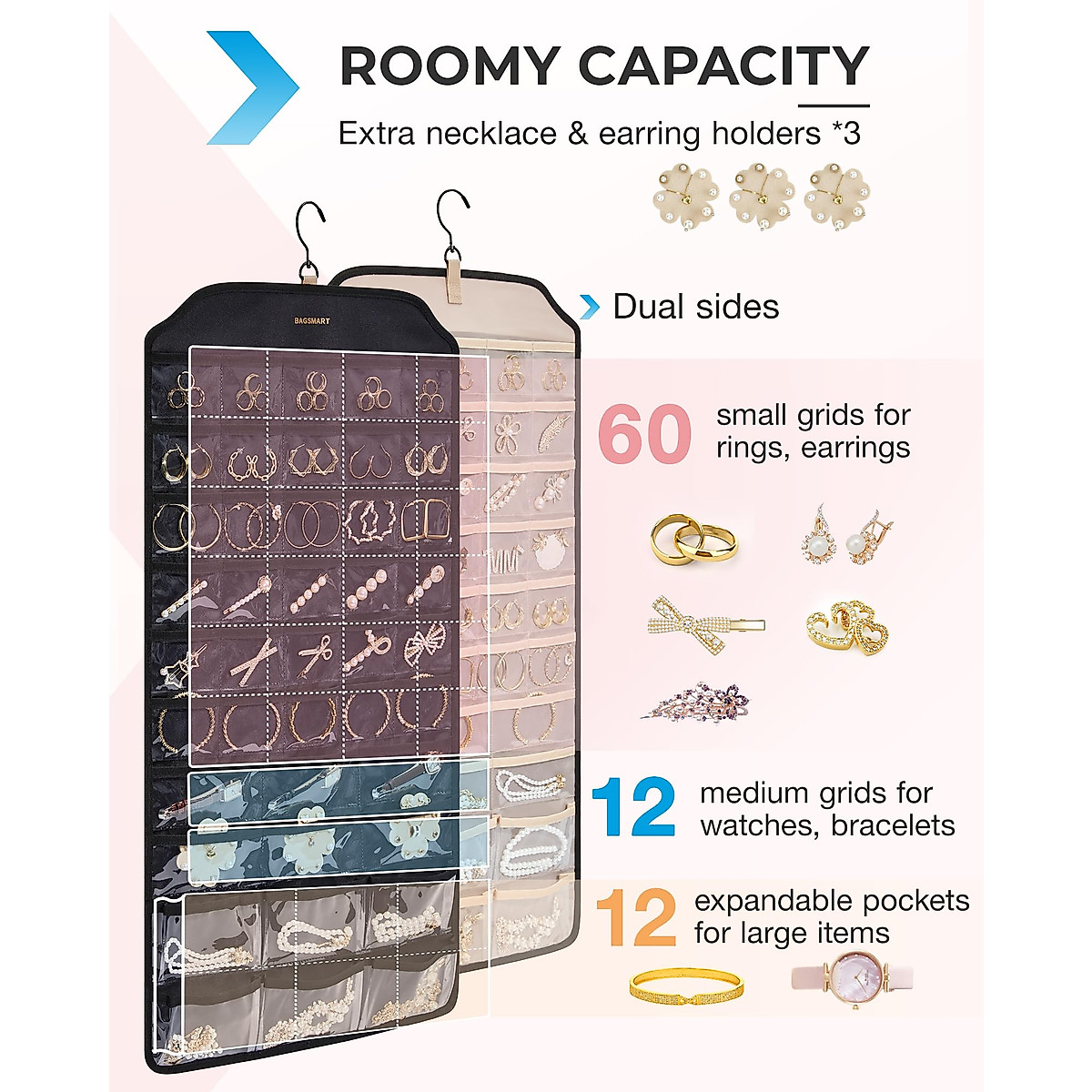 BAGSMART Hanging Jewelry Organizer, Jewelry Holder Organizer Accessories Organizer, 68 Pocket Earring Organizer Organizer for Wall Holding Jewelry,Extra Large Black, 1 Piece