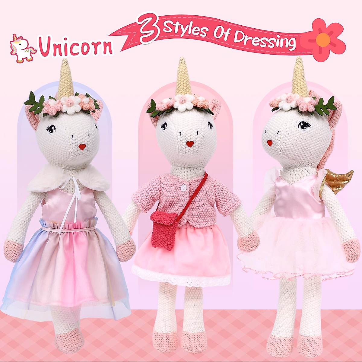 Unicorn Doll Stuffed Animal Toys for Girls - Ballerina Doll | Plush Carrier Bag | 3 Set Cloth Accessories, Kids Pretend Play Pet Care, Birthday Gift for 3 4 5 6 Year Old Little Girl Unicorn Toys