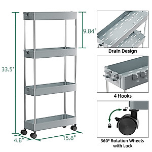 OTK Slim Storage Cart 4 Tier Mobile Shelving Unit Organizer, Utility Rolling Shelf Cart with Wheels for Bathroom Kitchen Bedroom Office Laundry Narrow Places，Grey