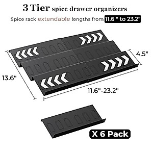 Famhap Spice Drawer Organizer, 6 Pack Drawer Seasoning Organizer Expandable from 11.6" to 23.2" Seasoning Rack Tray Insert for Kitchen Drawers, Spice Rack Tray for Drawer/Countertop (Black)