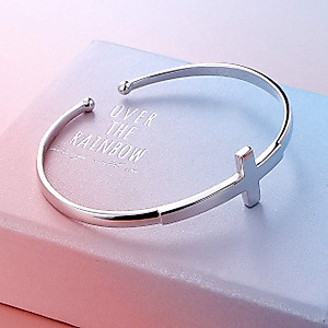 DAOCHONG S925 Sterling Silver Engraved Faith Hope Love Inspirational Cuff Cross Bangle for Women Sister
