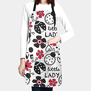 Valentine's Day Love Flower Kitchen Apron -Little Ladybug Cooking Bib Aprons Waterproof Chef Apron for Grilling Baking Gardening Adjustable Neck Strap