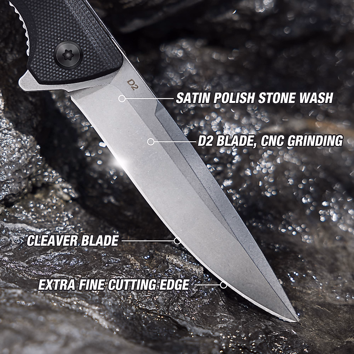 FLISSA Pocket Knife, Folding EDC Knife, 4 inch D2 Blade, G10 Handle, for Outdoors, Hiking, Camping, Black