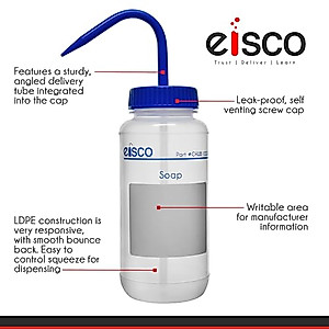EISCO Wash Bottle for Soap, 500ml - Blank Label - Wide Mouth, Self Venting, Blue Cap, Low Density Polyethylene - Performance Plastics Labs