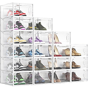 Elechomes Shoe Boxes Clear Plastic Stackable, 18 Pack Premium Shoe Organizer Storage for Closet Space Saving Foldable Shoe Rack Containers, Sneaker Display Case Holder Shoe Bin for Entryway Drawers
