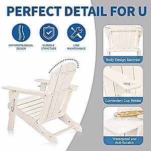 VINGLI Plastic Folding Adirondack Chair with Cup Holder, 100% Recyclable Waterproof HDPE Material, Comfortable 380lb Weight Capacity for Outdoor Pool Patio Lounge Chair Lawn Furniture Firepit (White)