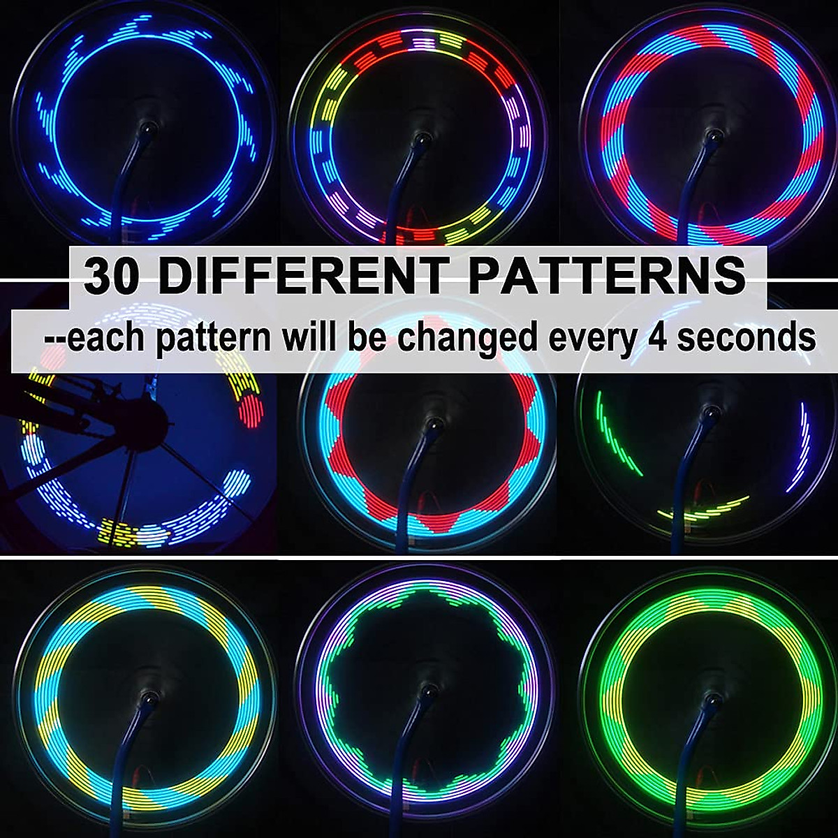 Solhice 2 Tire Rechargeable LED Bike Wheel Lights, Waterproof Bicycle Spoke Lights, 30 Patterns Cycling Tire Lights for Kids Adults Night Riding