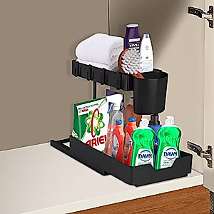 Karlsitek Under Sink Organizer,2-Tier Bathroom Organizer,L-Shape One Sliding Under Cabinet Storage Organizer with 1 Hanging Cup and 4 Hooks,Under Sink Organizers and Storage for Kitchen Bathroom