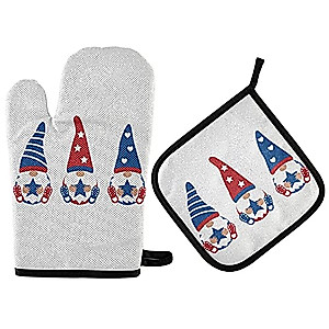 Patriotic Gnome Oven Mitts and Pot Holders 4Th of July Starts ?Heat Resistant Oven Mit Glove Pad 2PCS Soft Cotton Lining Non-Slip Safe for Baking Kitchen Cooking BBQ