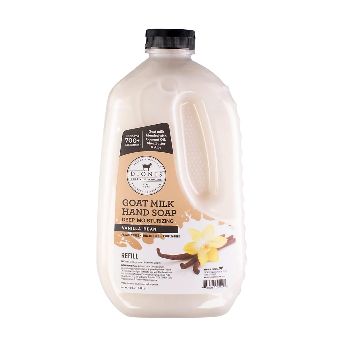 Dionis Goat Milk Skincare Deep Moisturizing Hand Soap Refill - Concentrated Hand Moisturizing Formula Blended With Shea Butter, Aloe Vera & Coconut Oil - Made In The USA - Vanilla Bean, 48 Oz Bottle