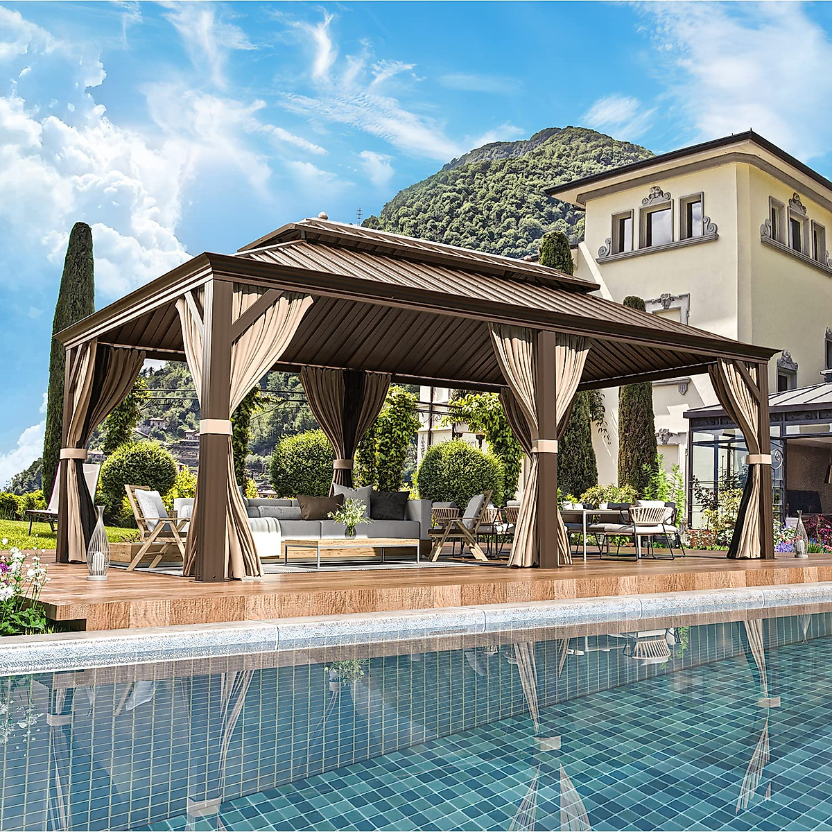 EROMMY 12'x20' Hardtop Gazebo Double Roof Galvanized Steel Canopy Outdoor Aluminum Frame Permanent Metal Pavilion with Netting and Curtains for Patio Backyard Deck and Lawns