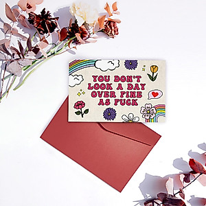 SuperShunhu Funny Birthday Card for Her, Birthday Gift for Girlfriend Wife, Happy Birthday Card for Friend Bestie, You Don’t Look A Day Over Fine AF Card