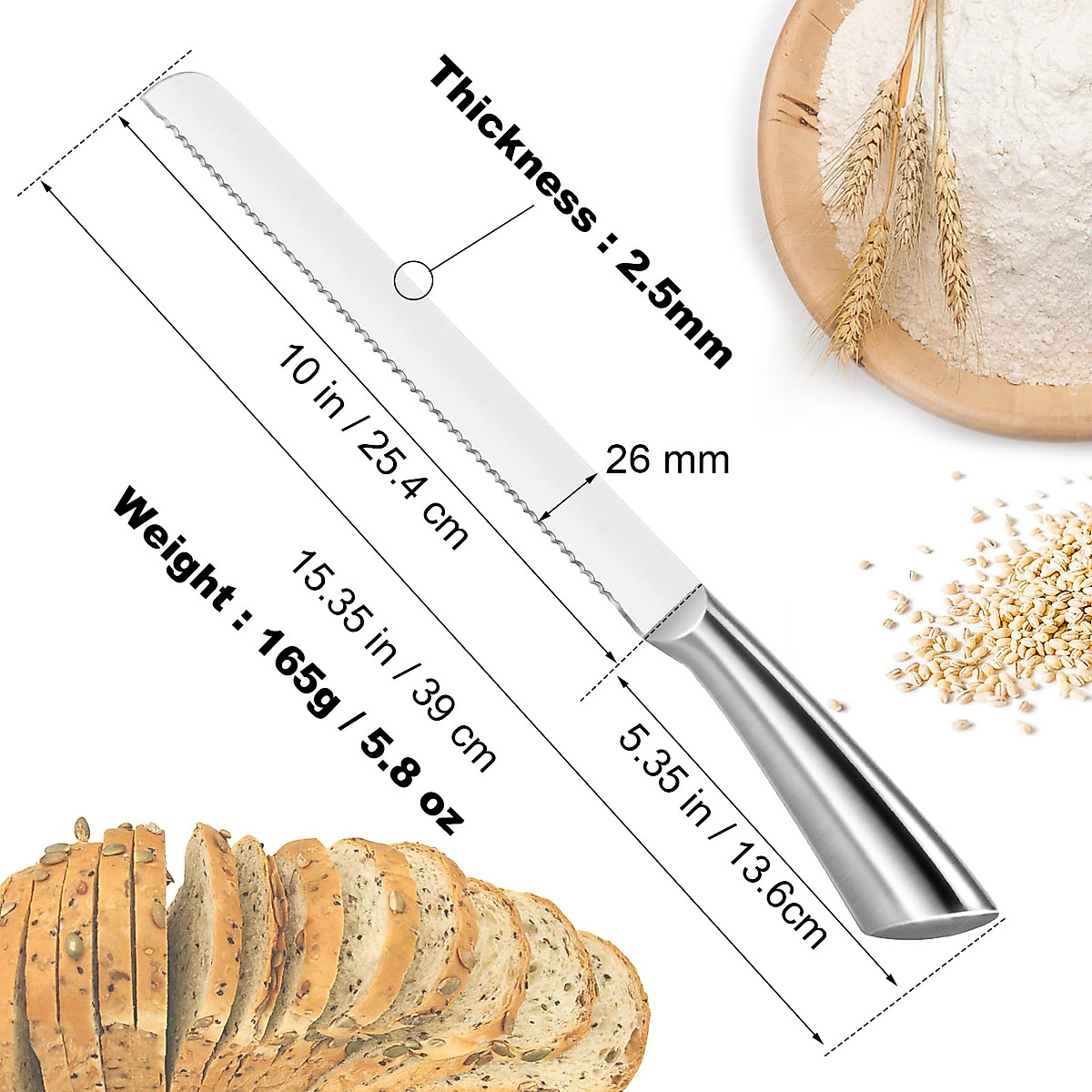 LifHap Serrated Bread Knife, Pastry-Slicer - 10 Inch/24CM Blade,One-Piece Stainless Steel Design,Best Knives for Slicing Bread, Bagels, Cake