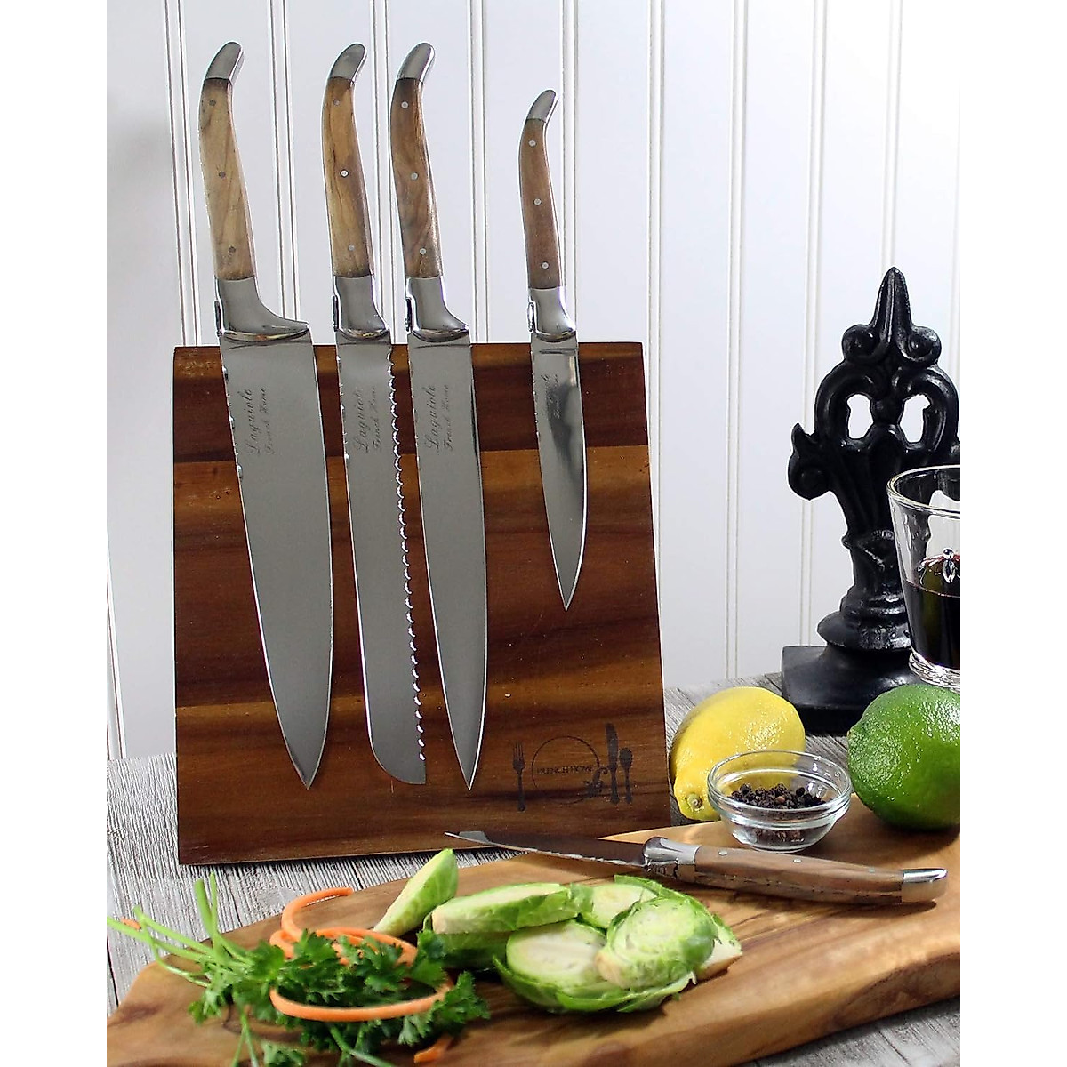 French Home Laguiole Connoisseur Olivewood 5 Piece Kitchen Knife Set plus Magnetic Display.