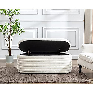DM Furniture DM-Furniture Storage Ottoman Bench Upholstered Fabric Storage Bench End of Bed Stool with Safety Hinge for Bedroom, Living Room, Entryway (44.5-inch, White) (TN2436)