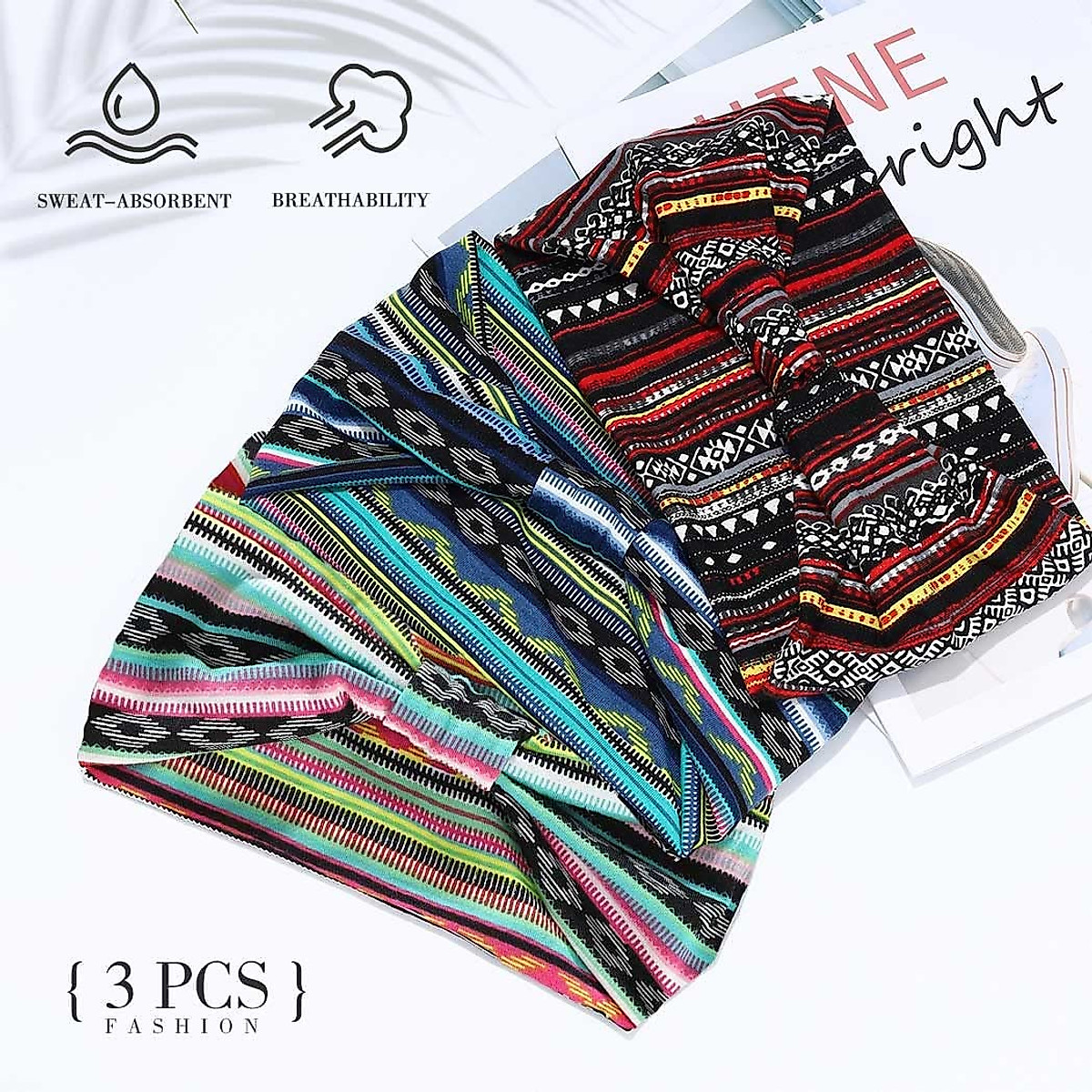 GORTIN Boho Headbands Blue Extre Wide Headband Stretch Turban Hair Bans Yaga Knotted Headwraps Twist Workout Head Hands for Women and Girls Pack of 3 (Headbands A)