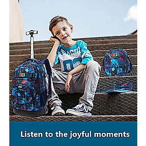 Egchescebo Kids 3PCS Rolling Backpack 18" for Boys with Lunch Bag Pencil Case School Bags Wheeled Backpack Travel Kids' Luggage Wheeled Bags Trolley Fashion Space Starry Sky Printed Durable Bookbag with Big Wheels Blue