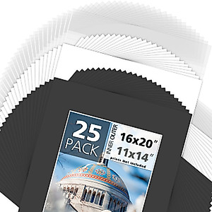 Mat Board Center, 25 Pack of Black Pre-Cut Mat Board 16x20 Picture Mat for 11x14 Photo with White Core Bevel Cut Mattes Sets. Includes 25 Acid Free Mats & 25 Backing Board & 25 Clear Bags
