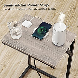 HOOBRO C Shaped End Table with Charging Station, Narrow Sofa Couch Side Table for Small Space, Industrial Bedside Table with Metal Frame for Living Room, Bedroom, Dorm, Greige and Black BG06USF01