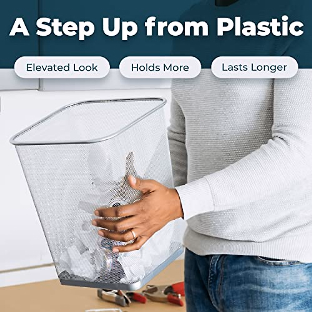 Greenco Mesh Square Wastebasket, 6 Gallon, 2pk (Silver) - Lightweight & Sturdy Office Trash Cans for Near Desk - Garbage Can for Bedroom, Kitchen, Dorm - Garbage Bin - Trash Can Office & Home Supplies