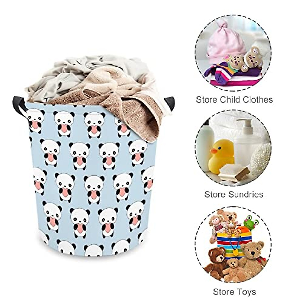 Cute Panda Heart Large Laundry Basket Hamper Bag Washing with Handles for College Dorm Portable