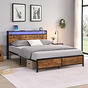GPCRAC Modern Full Size Bed Frame with LED Lights and 2 USB Ports, Rustic Bed Frame Full Size with 12 Inches of Clearance Space Under The Bed, Noise Free, No Box Spring Needed, Brown (Full)