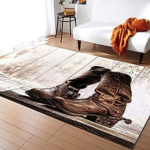 Brown Boots Vintage Western Cowboy Area Carpet, Vintage Wooden Planks Texture Bedroom Rug, Indoor Rugs Washable Non-Slip Breathable Portable for Living Room Bedroom Study Decor3 x 2ft