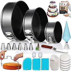RFAQK 100pcs Cake Pan Set for Baking + Cake Decorating Supplies: 3 Round Non Stick Springform Pan Set (4, 7, 9 inches), Icing Tips, Cake Leveler – Multi-functional Leak-Proof Cheese Cake Pans & eBook