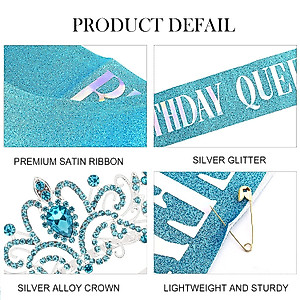 "Birthday Queen" Sash & Crystal Tiara Kit COCIDE Birthday Silver Tiara and Crowns for Women Sash for Girls Blue Birthday Decorations Set Rhinestone Headband Hair Accessories Glitter Sash for Party