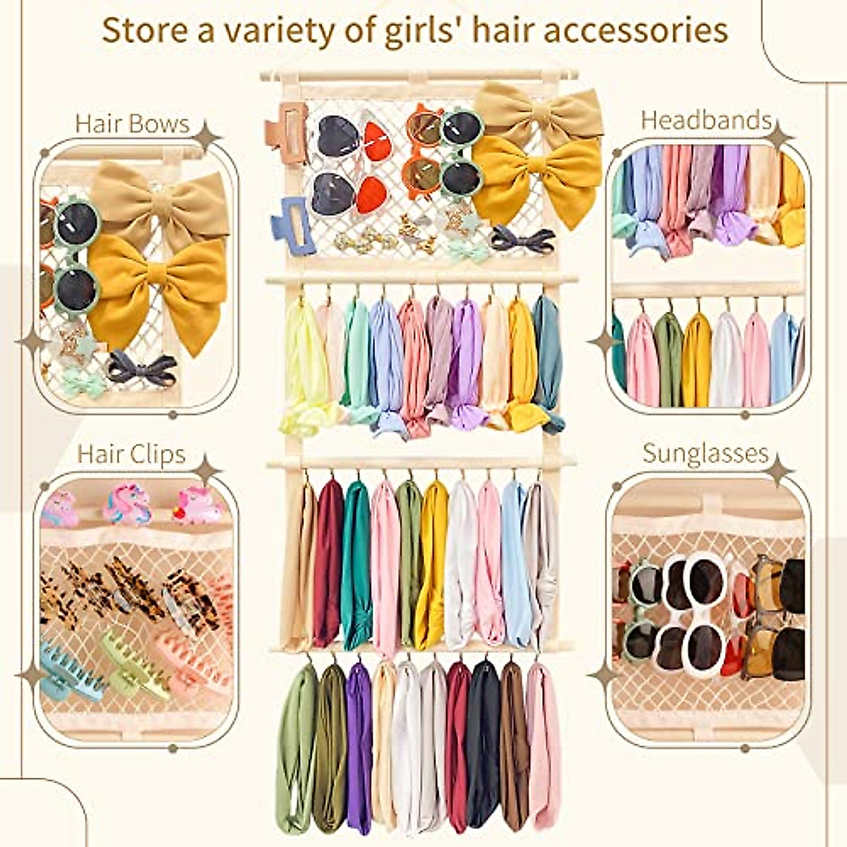 MOFASVIGI Headband Holder Hair Bows Organizer for Girls, Hanging Hair Clips Organizer Hair Accessories Display Sunglasses Holder Organizer Storage for Wall, Door, Closet