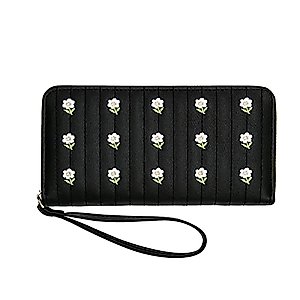 LJCZKA PU Leather Wallet for Women Girls Large Capacity Cute Flower Card Holder Wallets Wrist Strap Ladies Long Purse (Black)